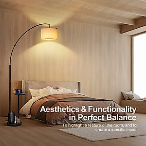OUTON Arc Floor Lamp with Table and Marble Base, 81" Height LED Dimmable Floor Lamp with Remote & 4 Color Temperature, Tall Standing Lamp with Adjustable Hanging Drum Shade for Living Room, Bedroom