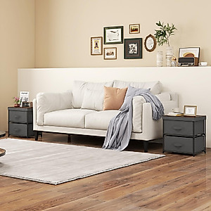 GOFLAME Fabric Dresser with 2 Drawers, Nightstand for Bedroom, Bedside Table with Removable Fabric Bins & Handles, Sofa Side Table, End Table for Living Room, Entryway, Grey & Rustic Brown