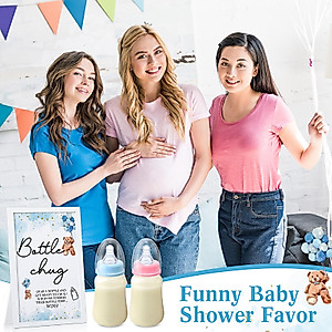 Roowest Bottle Chug Baby Shower Game Favors including Bear Theme Bottle Chug Game Wooden Sign and 18 Pcs Blue Baby Bottles for Baby Shower Game Gender Reveal Party Supplies