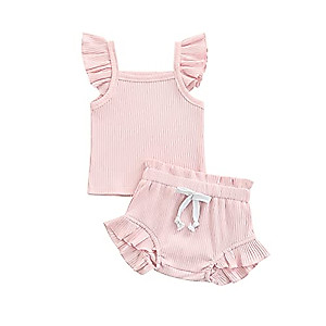 CIYCUIT Newborn Baby Girl Summer Clothes Ruffle Sleeveless Ribbed Top Bloomers Shorts Set Pink 0-3 Months