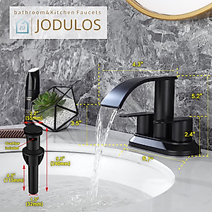 4 inch Centerset Bathroom Faucets Black Matte, Jodulos 2 Handle Waterfall Bathroom Sink Faucet with Pop Up Drain Stopper, Stainless Steel Bathroom Sink Faucet with cUPC Supply Lines JU-DE-201-BK