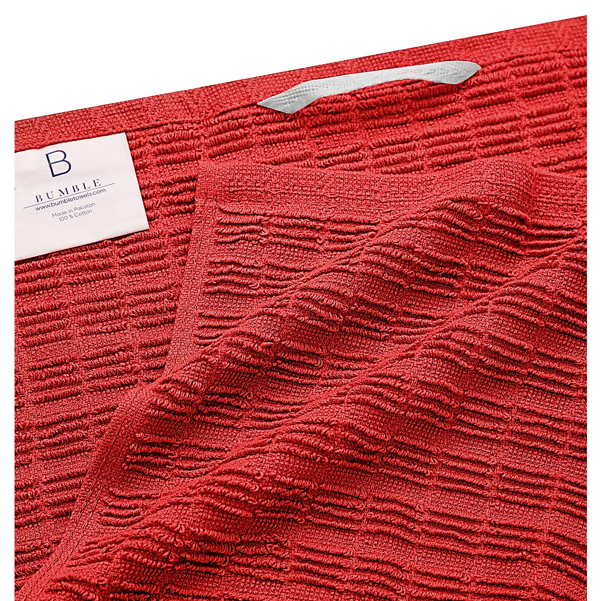 Bumble Premium Kitchen Towels (16”x 28”) Red Ribbed Check Design | Soft, Highly Absorbent with Hanging Loop | Natural Ring Spun Cotton | Large Kitchen Hand Towels | Tea Towels Set | 380 GSM - 6 Pack