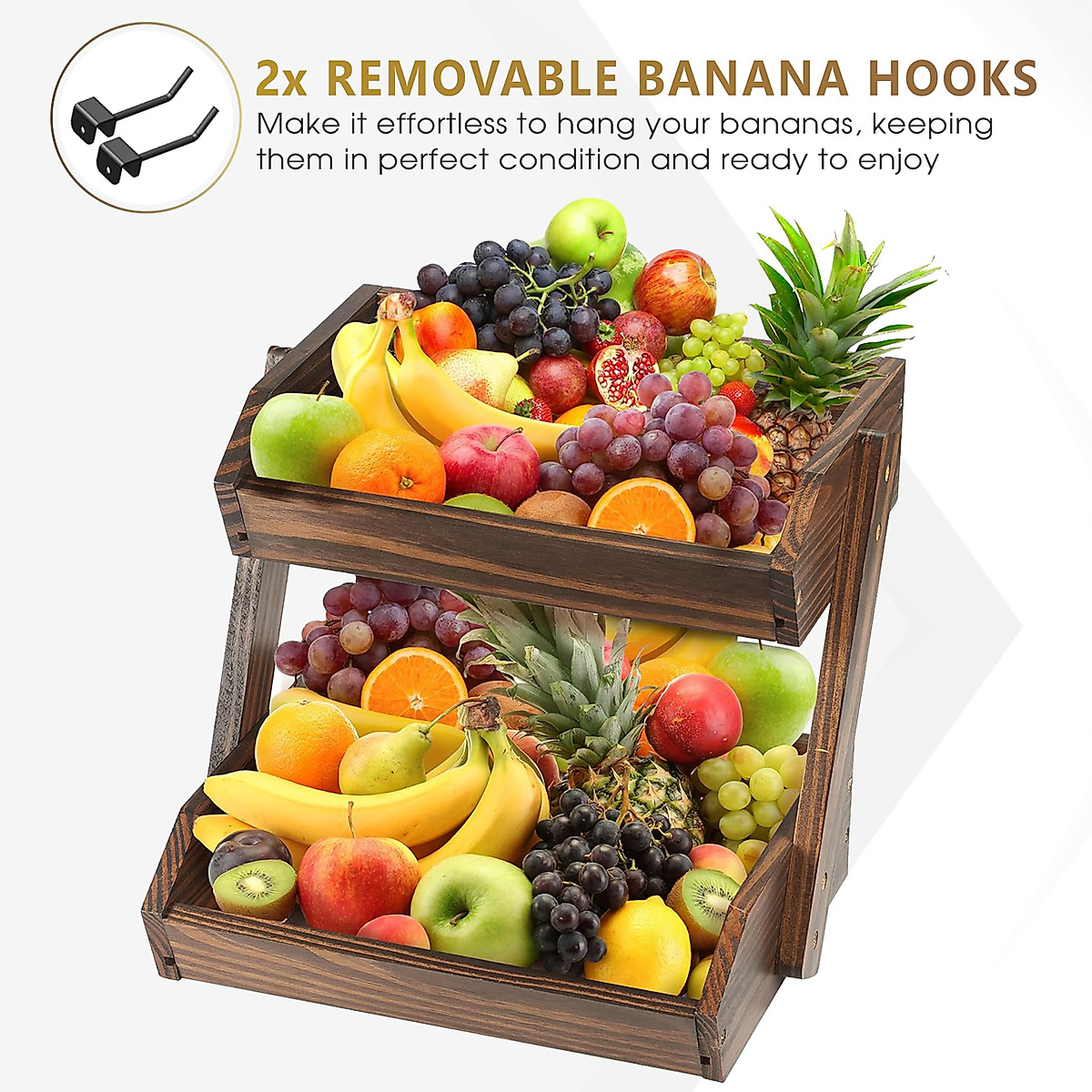 NAGAWOOD Large Capacity 2-Tier Wooden Fruit Basket, Durable Acacia Wood, 10.5" Tall, Spacious for Produce, Vegetables, Bread Storage and Home Kitchen Countertop