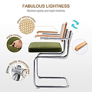 Zesthouse Rattan Dining Chairs with Arms, Mid-Century Modern Dining Chairs Set of 2, Accent Chairs with Metal Chrome Legs and Armrest, Velvet Upholstered Cane Armchairs for Living Room, Kitchen,Green