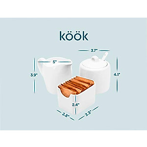 Kook Sugar and Creamer Set, 3 Piece, Pitcher, Sugar Bowl with Lid and Spoon, Sweetener Holder, White