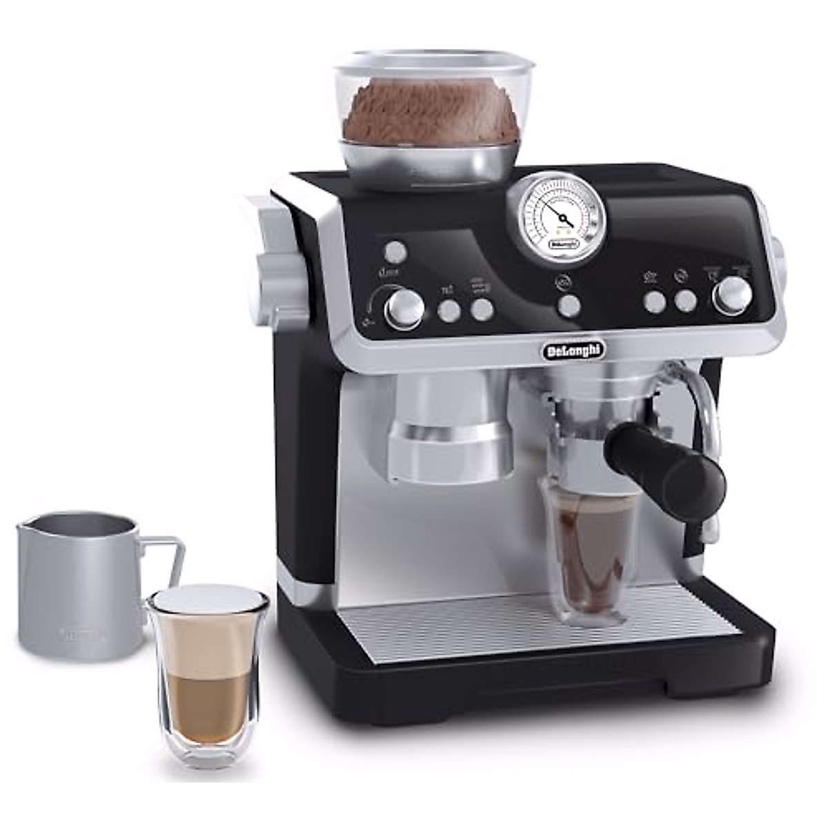 Casdon De'Longhi Toys Barista Coffee Machine. Toy Kitchen Playset for Kids with Moving Parts, Realistic Sounds and Magic Coffee Reveal. For Children Aged 3+, Silver, Black