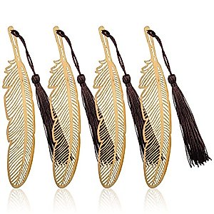 Wooden Sword Bookmark, Unique Bookmarks for Book Lovers Anime Bookmark with Tassels, Vintage Mini Sword Book Marks Handmade Bamboo Bookmark for Women Men Reading Page Markers (4PCS) (Feather Bookmark)