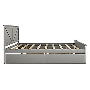 RORIGAT King Size Platform Bed, Wooden Platform Bed Frame with 4 Storage Drawers and Support Legs, No Box Spring Needed, Gray
