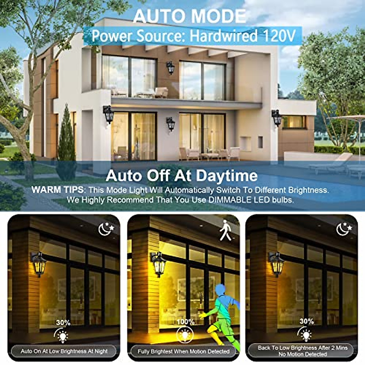 XANGQAN Outdoor Wall Light Fixture with Motion Sensor and Dusk-to-Dawn Sensor, Waterproof and Anti-Rust Aluminum Exterior Sconce with Tempered Water Ripple Glass, for House Garage and Porch.