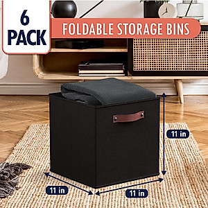 Ornavo Home 11 x 11 Storage Cube Bins, Foldable Collapsible Fabric Storage Bins Box Linen Shelf Basket Cube Organizer for Closet with Leather Handles, 6 Pack, Black