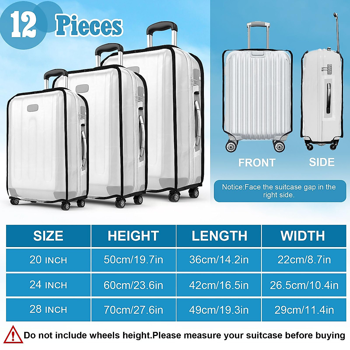 Windyun 12 Pcs Clear Luggage Cover Protector PVC Suitcase Cover Waterproof Dustproof Transparent Luggage Protector for Travel Wheeled Suitcase, Black Border (20 Inch, 24 Inch, 28 Inch)