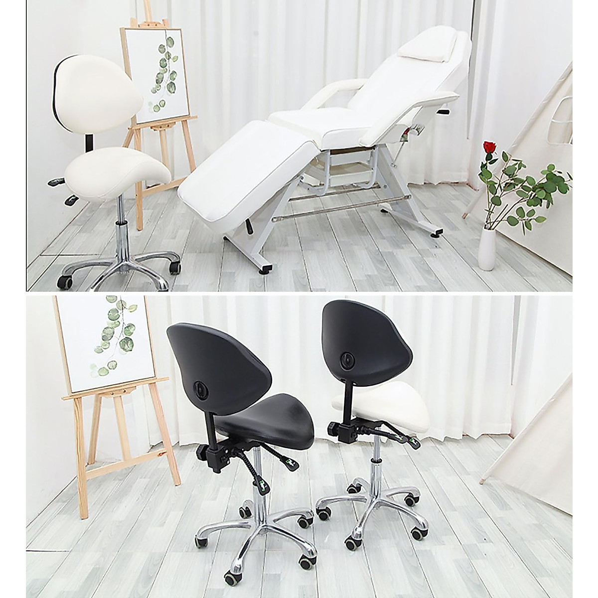 NUNETH Medical Dental Saddle Stool Chair White Black, Rolling Chair with Back Support, Ergonomic Salon Saddle Chair on Wheels with Hydraulic Lift (Color : White)