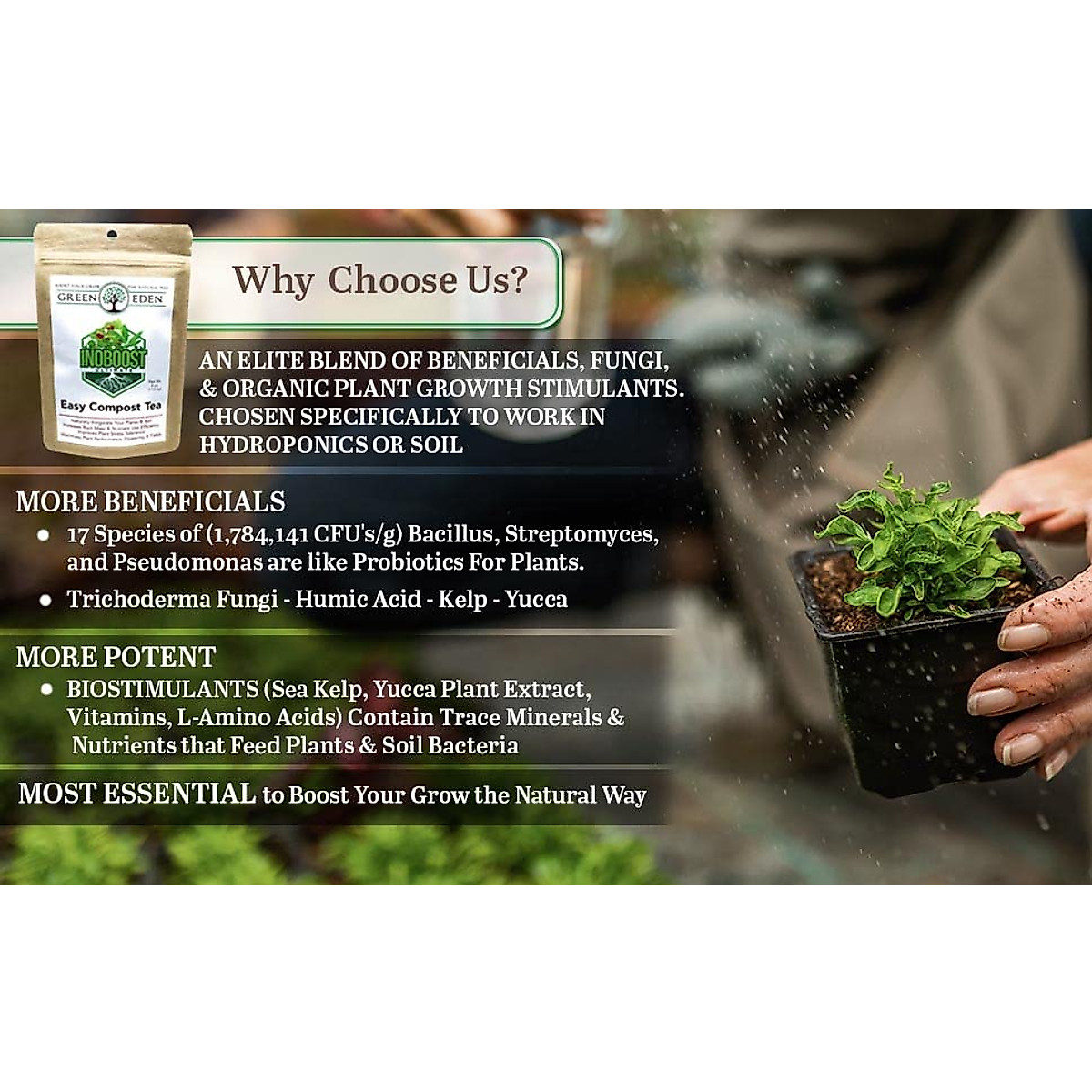 GreenEden InoBoost Ultimate Easy Compost Tea for Plants - Nutrient & Bloom Booster - Soluble Biostimulants for Plant Growth, Flowering & Yields - 8oz. Microbial Inoculant - Super Soil