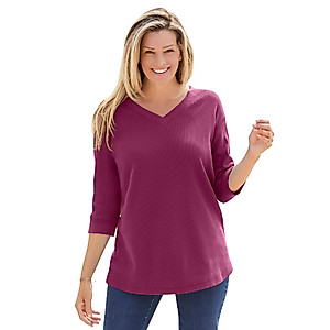 Woman Within Women's Plus Size Three-Quarter Sleeve Thermal Sweatshirt - 34/36, Deep Claret