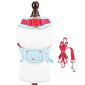 SMALLLEE_LUCKY_STORE Bow Flower Striped Print Cat Small Dog Harness Dress with Leash for Girls Adjustable No Pull Escape Proof Soft Walking Jacket Waterproof Puppies Kitten Harness Vest Outdoor,Blue S