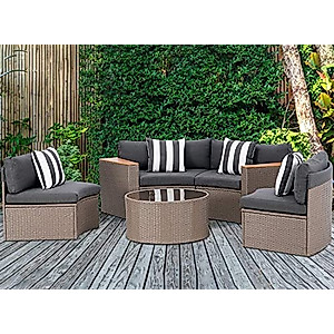 SOLAURA 5-Piece Patio Sectional Furniture Set Half-Moon Patio Set Grey Wicker Curved Outdoor Sofa with Grey Cushions & Round Glass Coffee Table (Pillow Included)