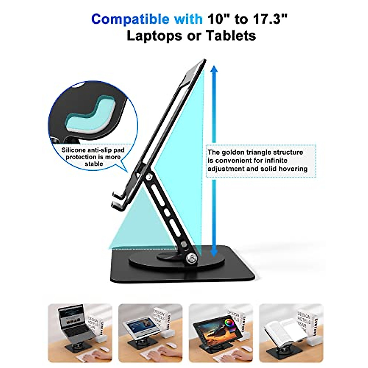 meatanty Laptop Stand, Ergonomic 360° Swivel Laptop Stand for Desk, Adjustable Metal Computer Stand, Foldable and Portable Laptop Riser Holder for MacBook, iPad Pro, 10-17" Laptops - Black