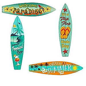 Bundle: Home Decor Metal Surfboard Beach Signs - Welcome to Paradise Sign, Endless Summer Sign, Tropical Bar Sign and Flip Flop Sign