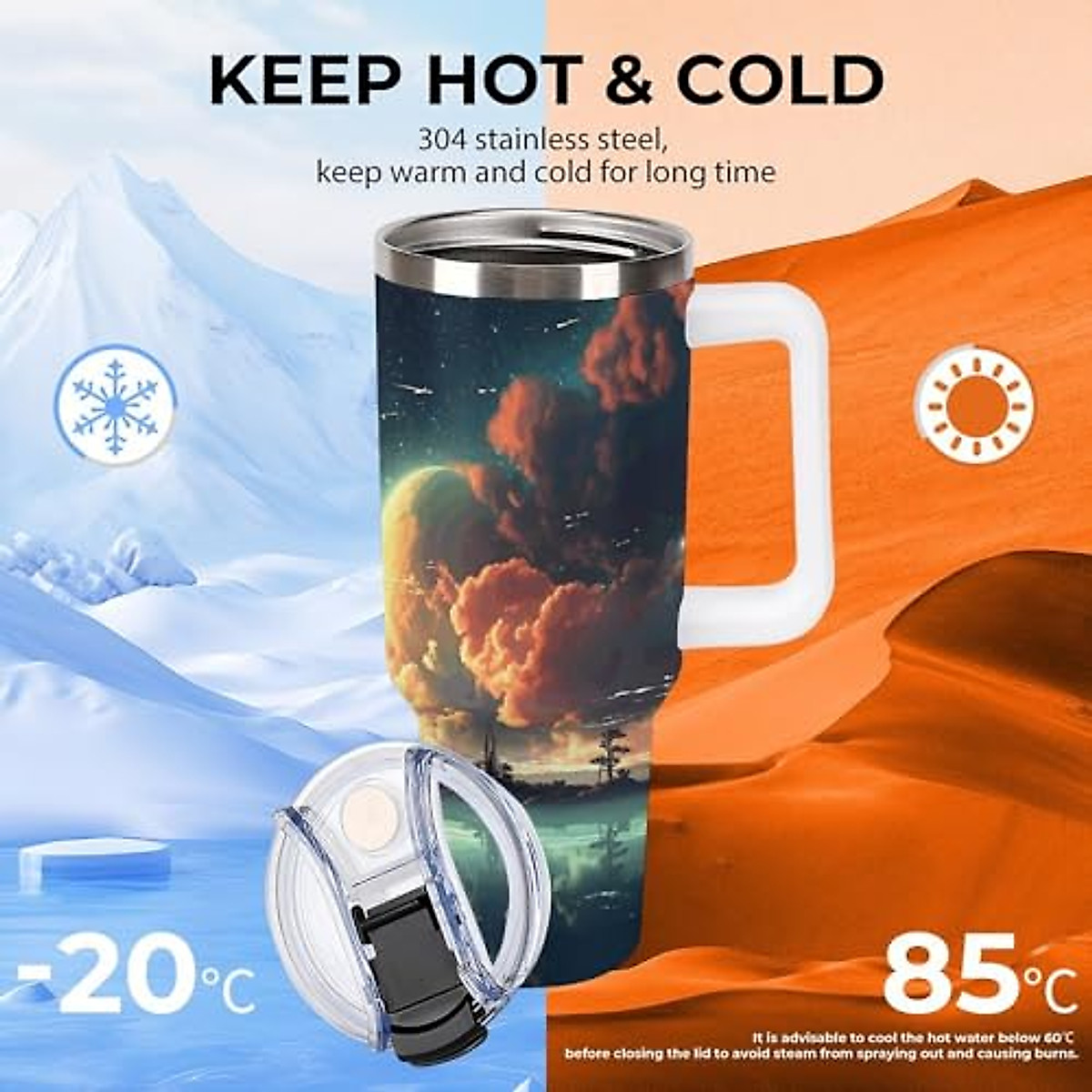 LLUTSNTH 40 Oz Vacuum Tumbler with White Handle Leakproof Insulated Tumbler Anime Stainless Steel Travel Mug with Lid And Straw Coffee Cup Cute Water Bottles Cup Holder Friendly