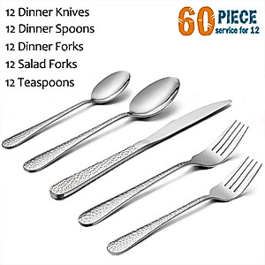 Silverware Set for 12, E-far 60-Piece Hammered Flatware Cutlery Set, Stainless Steel Eating Utensils for Kitchen Hotel Restaurant Party, Modern Design & Mirror Finished - Dishwasher Safe