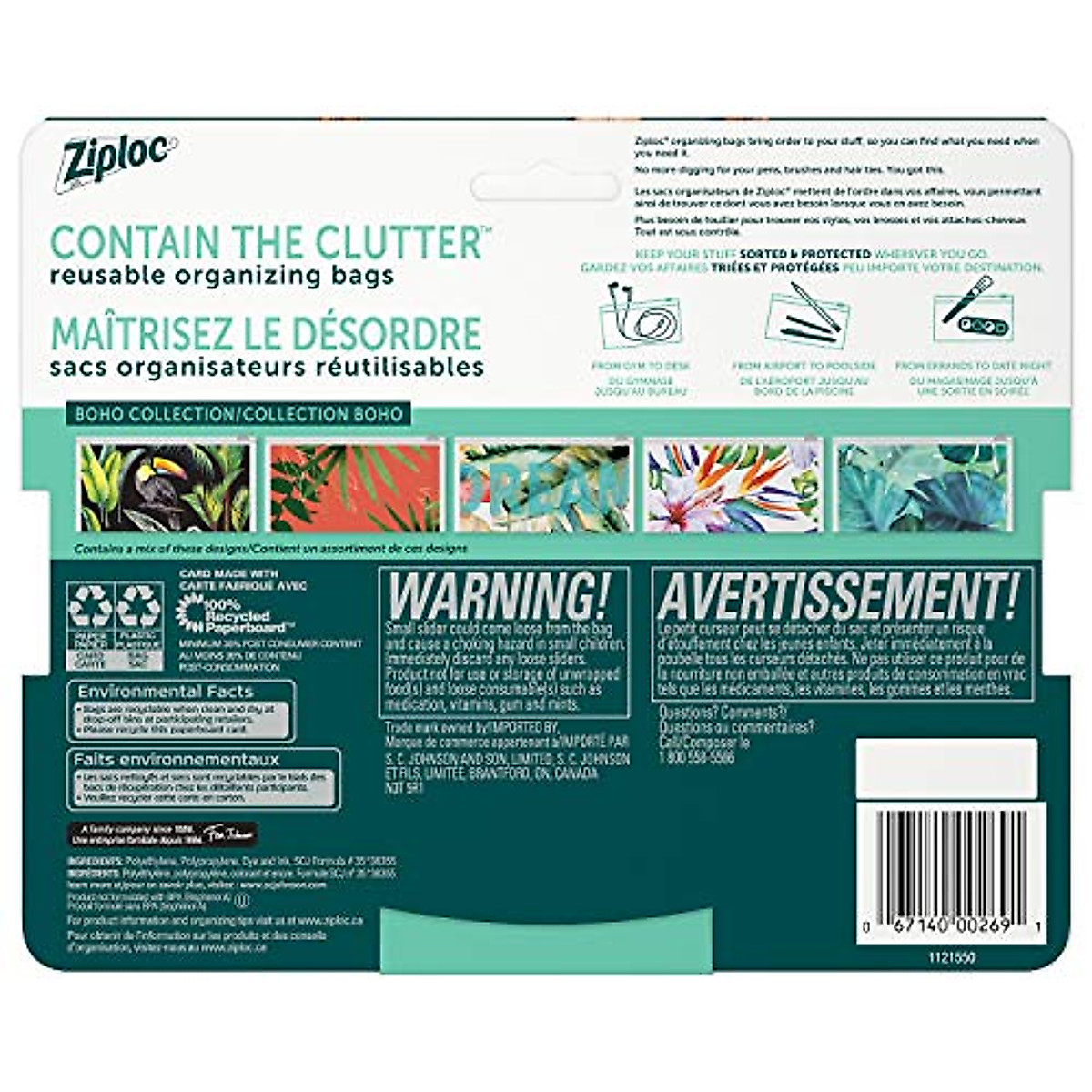 Ziploc Reusable Travel Makeup and Accessory Bags, Boho Collection, Skinny Size, 5 Count