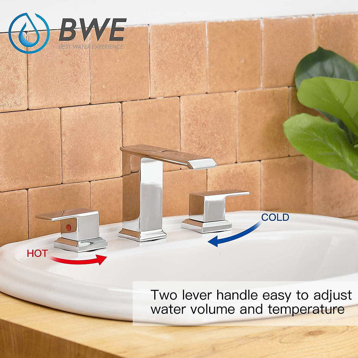 BWE Waterfall Widespread Bathroom Faucet Chrome 3 Holes with Pop Up Drain Stopper with Overflow and Supply Line Lead-Free 2-Handle Bath Lavatory Vanity Sink Mixer Tap Square