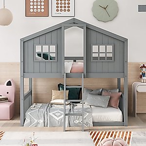 Yehha Twin Over Twin House Bunk Bed for Kids, Heavy Duty Wooden Bed w Roof and Windows, 75° Inclined Ladder, Guard Rails for Girls Boys Bedroom, Gray