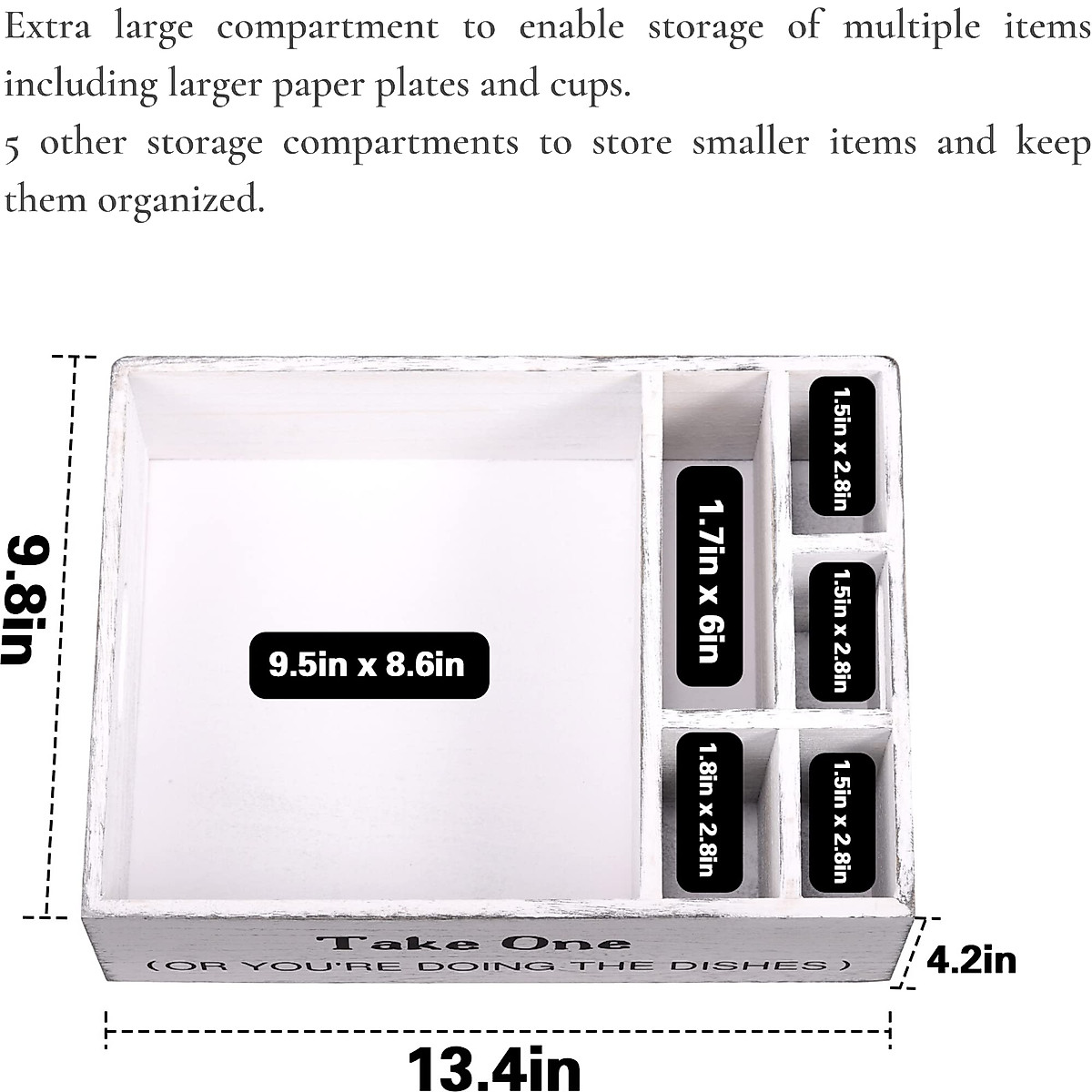 Mandikays| Large Rustic Paper Plate Caddy for Kitchen Countertop| Wooden Utensil Holder for Plates, Cups, Forks, Knives, Spoons, Straws Napkins and Condiments| 6 Compartments| White Flatware Organizer