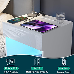 HOMMPA Set of 2 Open Shelf LED Nightstands with Charging Station 2 Drawers Bedside Tables White Night Stands with Storage Smart Nightstands High Gloss Night Table with Led Light for Bedroom Furniture