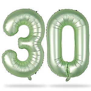 Sage Green Number 30 Balloons, 40 Inch Large Olive Green Foil Number 3 & 0 Balloons for Women, Self Inflating 30th Birthday Balloons for 30 Year Old Birthday Anniversary Party Decorations Supplies