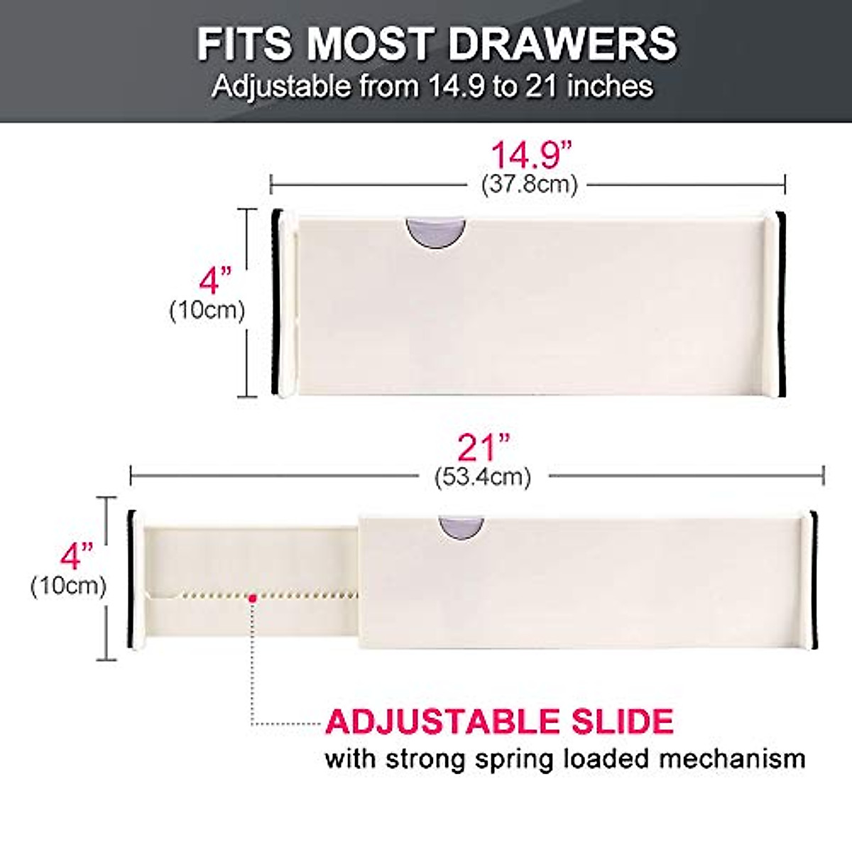 Drawer Dividers Organizer 9 Pack, Adjustable Separators 4" High Expandable from 14.9-21" for Bedroom, Bathroom, Closet, Clothing, Office, Kitchen Storage, Strong Secure Hold, Foam Ends, Locks in Place
