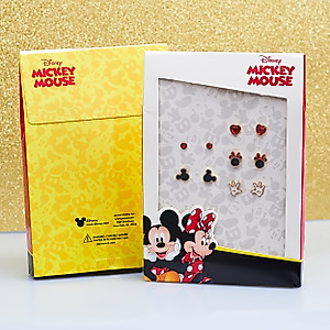 Disney Mickey and Minnie Mouse Earrings 5 Pack Official License, Red Crystal and Enamel Plated Stud Earrings