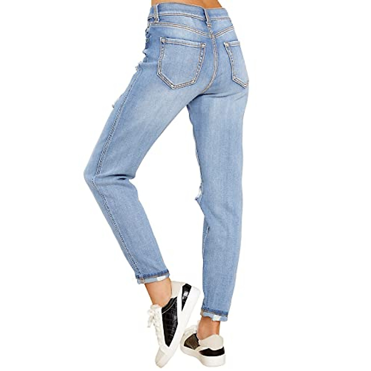 GRAPENT Jeans for Women High Waist Stretchy High Waisted Ripped Distressed Mom Jeans Boyfriend Tapered Ankle Length Denim Jean Pants Ballad Blue Color Size Medium Size 8 - Size 10