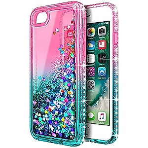 NGB Supremacy Compatible for iPhone 5/5S/iPhone SE (2016 Edition) Case with Tempered Glass Screen Protector, Ring Holder/Wrist Strap, Girls Women Kids Sparkle Glitter Liquid Cute Case (Pink/Aqua)