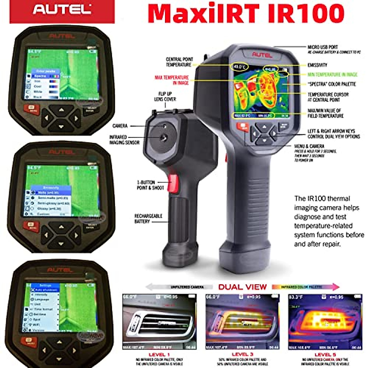 Autel MaxiIRT IR100 Thermal Imaging Camera Auto-Focus for Instant Thermal Imaging Dual Camera Overlay Feature Adjustable Emissivity Five Color Palettes Wi-Fi Image Transfer to PC or Mobile Device