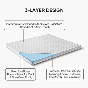 Gel Infused Memory Foam Mattress Topper with Breathable Bamboo Cover - 3 Inches Soft Mattress Pad for Mattress Upgration, Zero Pressure Mattress Topper for Back Pain Relief, Queen 60"x80"x3"