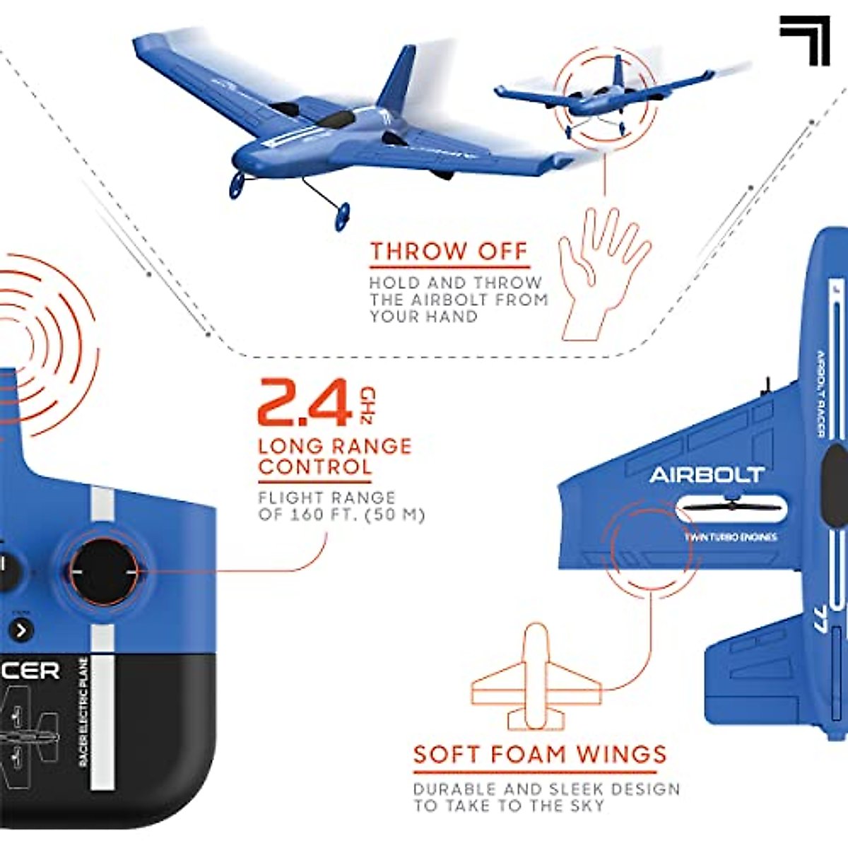 SHARPER IMAGE Airbolt Racer RC Airplane With 2.4 GHz Remote, USB-C Charging, and Replacement Propellers