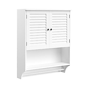 Lavish Home Wall-Mounted Bathroom Organizer – Medicine Cabinet or Over-The-Toilet Storage with Stylish Shutter Doors and Towel Bar, White