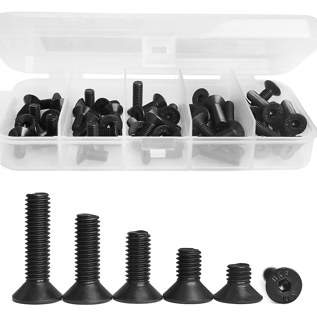 M6 x 8mm 12mm 16mm 20mm 25mm Flat Head Socket Cap Screws Countersunk Bolts, 10.9 Grade Alloy Steel, Black Oxide Finish, Fully Threaded, Metric Allen Hex Drive, Assortment Kit 50PCS