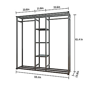 UDEAR Metal Garment Rack,Freestanding,Open Wardrobe Closet Storage Organizer,Large Armoire with 6 Shelves,2 Clothes Hanging Rack Stand for Clothes,Shoes, Bags,in Entryway,Room,Black
