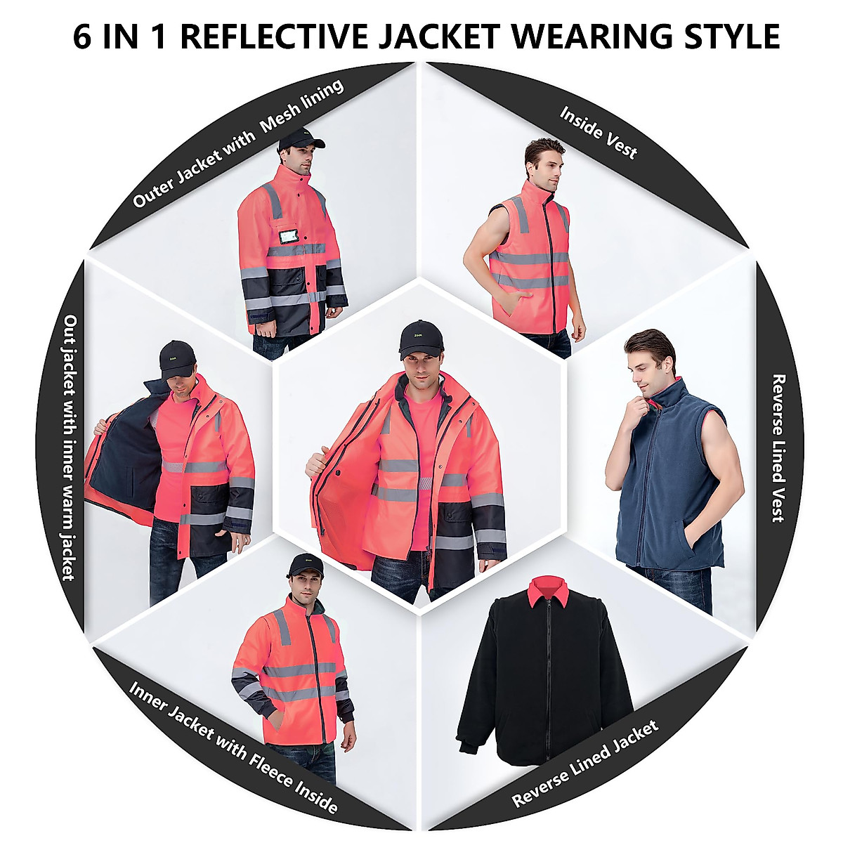 SMASYS Safety High Visibility Oxford 6 in 1 Reflective Jacket Insulated Parka, ANSI Class 3, Construction Protective Workwear