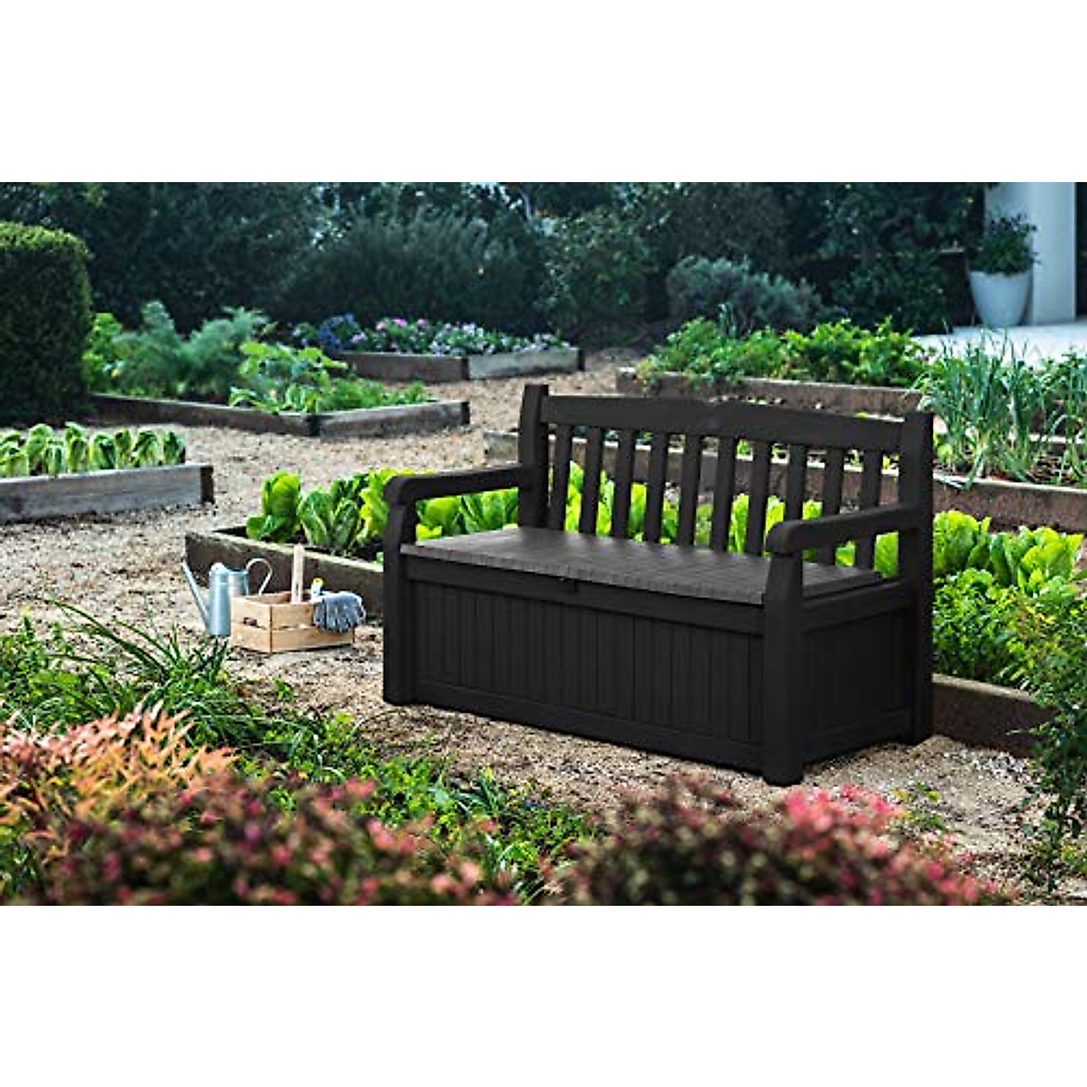 Keter Solana 70 Gallon Storage Bench Deck Box for Patio Furniture, Front Porch Decor and Outdoor Seating – Perfect to Store Garden Tools and Pool Toys, Grey