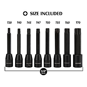 MIXPOWER Extra Long Torx Bit Socket Set, 3.5-inch Length, Torx Bit in 3/8" Drive T30 - T70, 8 Pieces Set