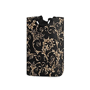 susiyo Large Laundry Basket Gold Black Baroque Pattern, 22.7inch Laundry Bag Hamper Collapsible Storage Bin with Handles