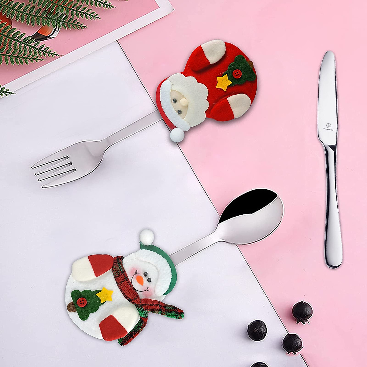 Andiker 8 Pcs Christmas Silverware Holder, Snowman and Elk Tableware Holder Cutlery Bag Pouch, Cute Fork Knife Spoon Covers for Holiday Party Table Decorations