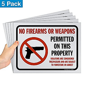 SmartSign (Pack of 5) 9 x 12 inch “No Firearms Or Weapons Permitted On This Property” Sign, Screen Printed, 10 mil Polystyrene Plastic, Red/Black on White
