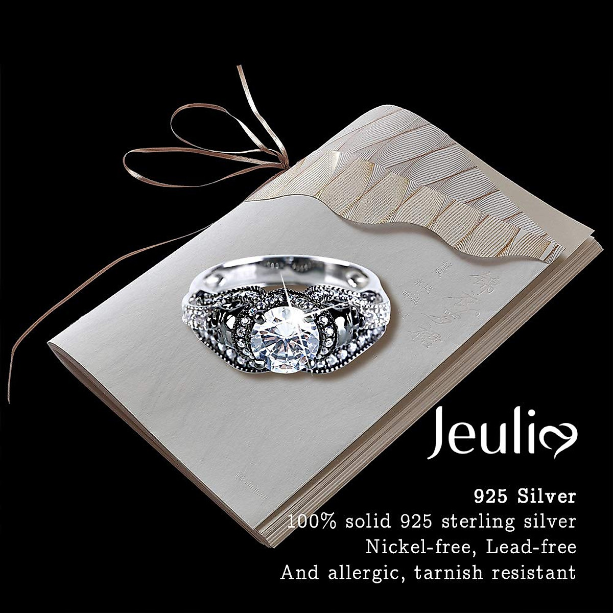 Jeulia 3.68 Carat Twist Skull Rings for Women Sterling Silver Two Tone Twist Band Rings White Diamond Bridal Ring Set Black Plated Engagement Promise Rings with Jewelry Gift Box (6)