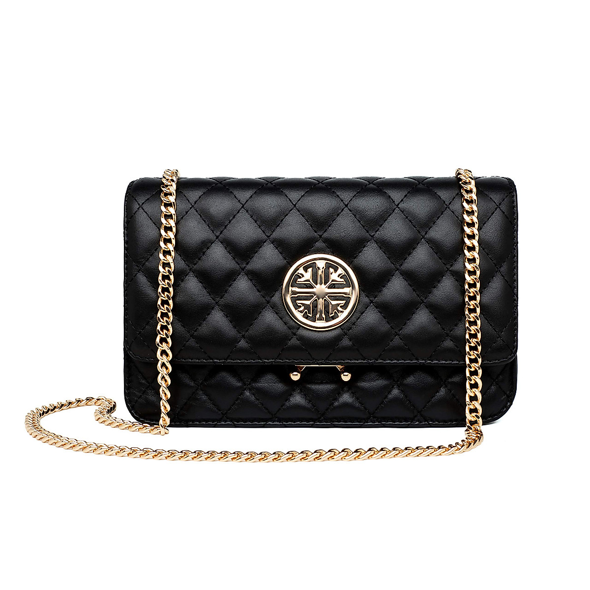 Women Genuine Leather Shoulder Bag Ladies Fashion Clutch Purses Quilted Crossbody Bags With Chain - Quilted Black