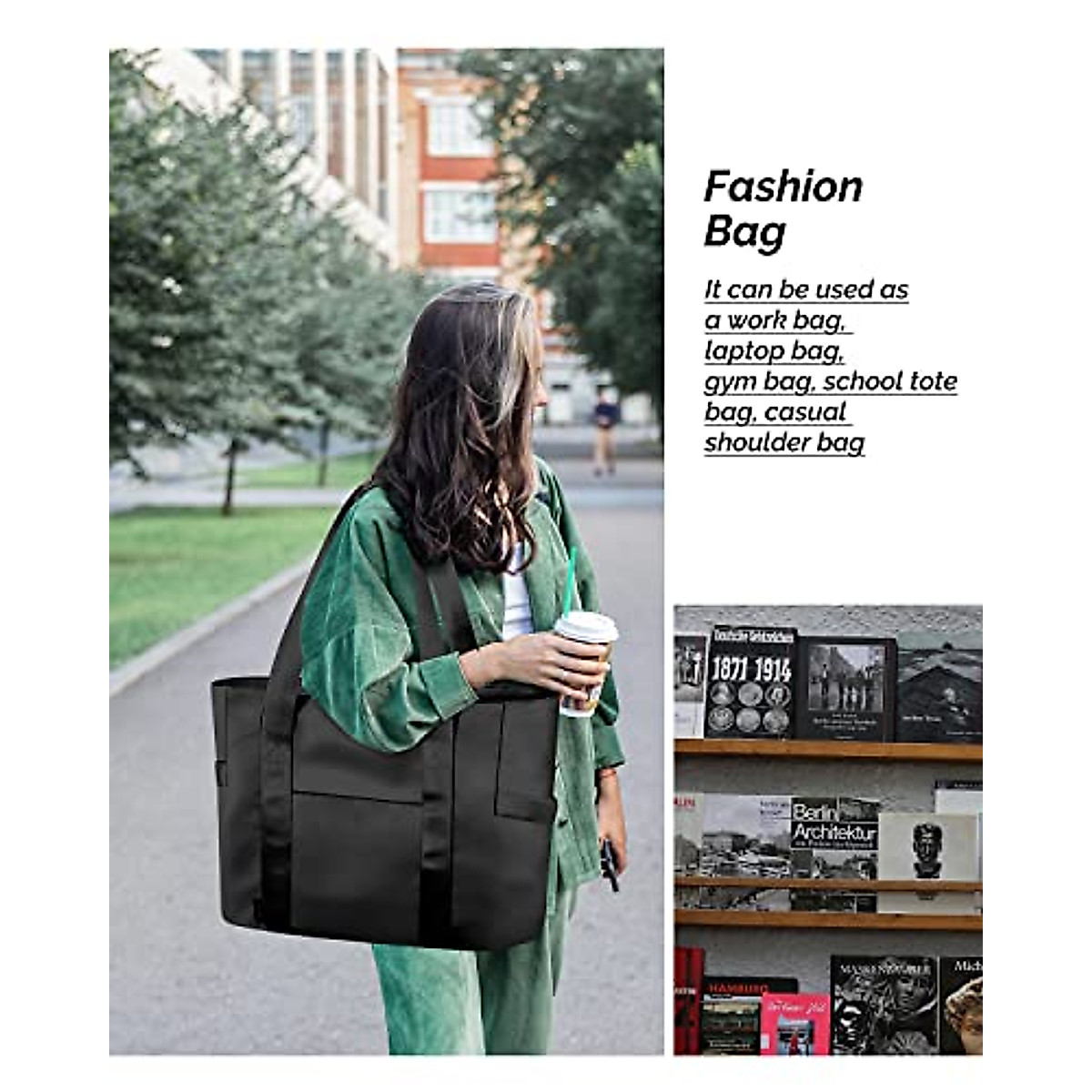 Prite Tote Bag for Women Weekender Bag with Laptop Compartment for Work Nurse School Travel Gym (Black)