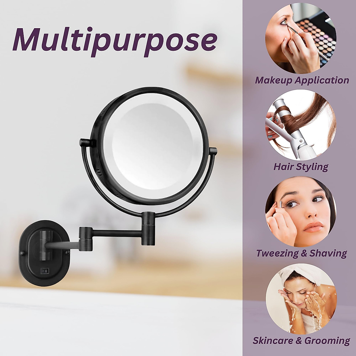 JERDON Wall-Mounted Black Makeup Mirror with LED Lighting - 5X-1X Magnification & 14” Extension - Direct Wire - Model HL65BKD